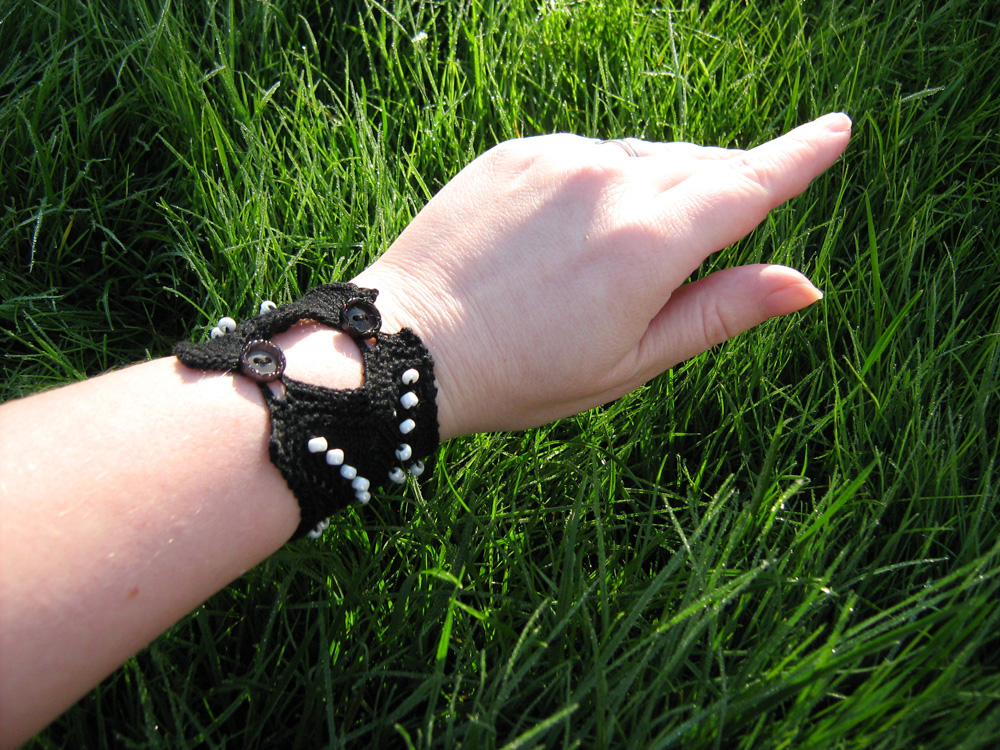 Black Cotton Knit Lace Cuff Bracelet With White Beads - Ready To Ship ...