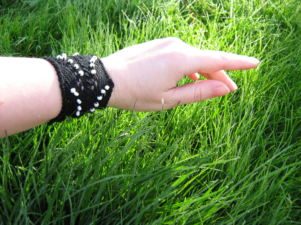 Black Cotton Knit Lace Cuff Bracelet With White Beads - Ready To Ship ...
